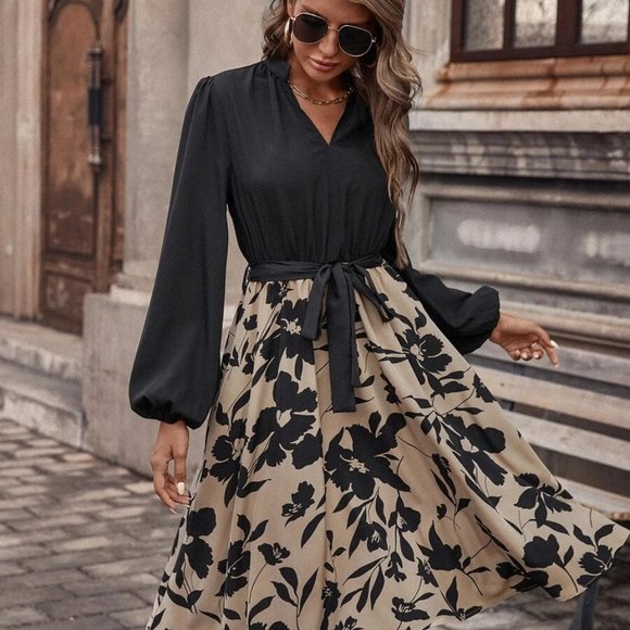 MONARCH FASHION | Dresses | Khaki Floral Belted Midi Dress | Poshmark
